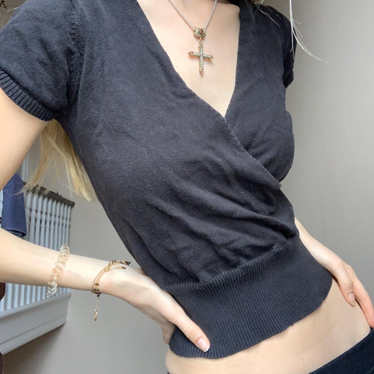 black jersey material crossover top / t shirt with... - Depop