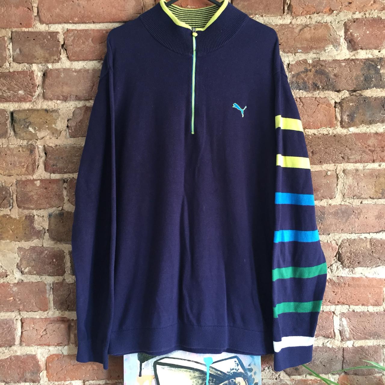 Vintage Puma 1/4 zip with knitted collar Navy Size... - Depop