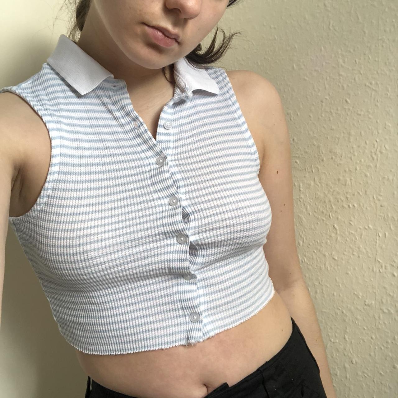 Gorgeous preppy blue and white striped cropped polo... - Depop