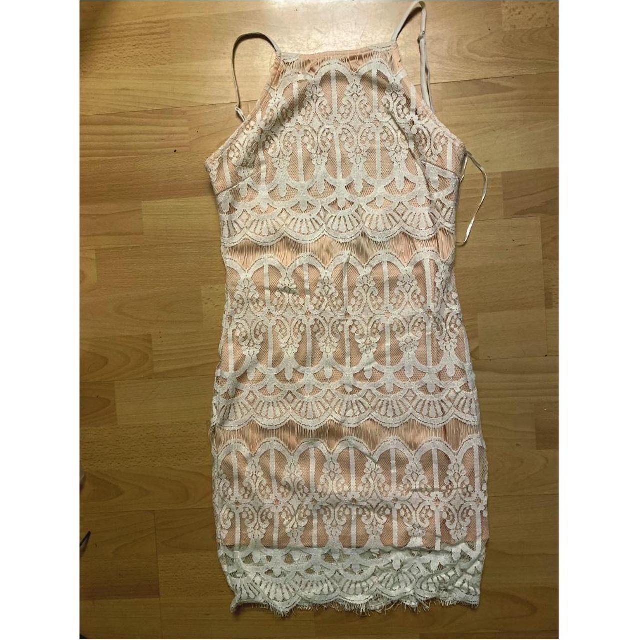 Peach pink white lace dress size 8/10 Labelled size... - Depop