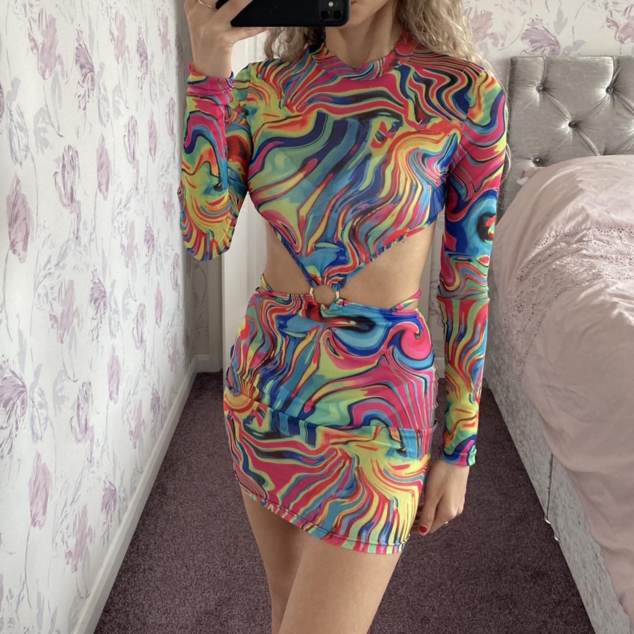 Mesh festival dress rave outfit psychedelic dress... - Depop