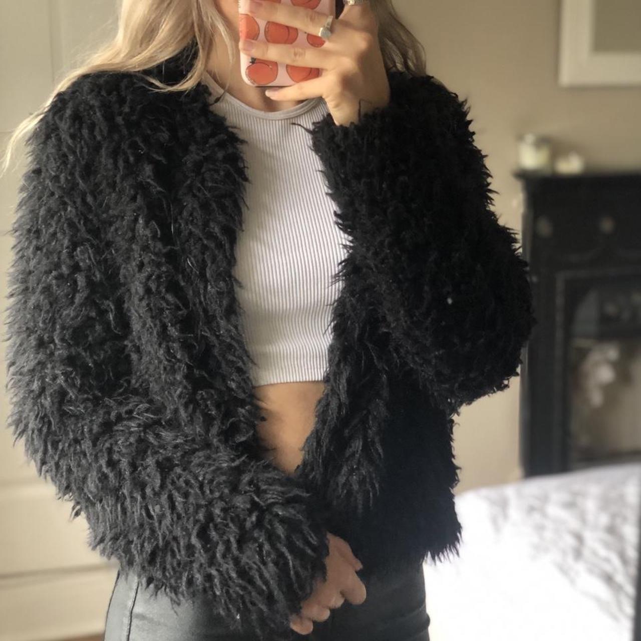 H&M black cropped fluffy jacket - size 8 will also... - Depop