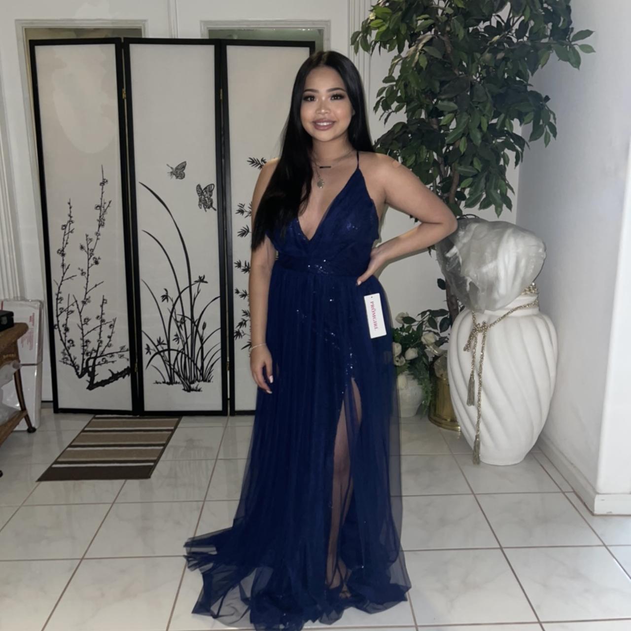 PROMGIRL NAVY BLUE GLITTER V NECK A LINE PROM... - Depop