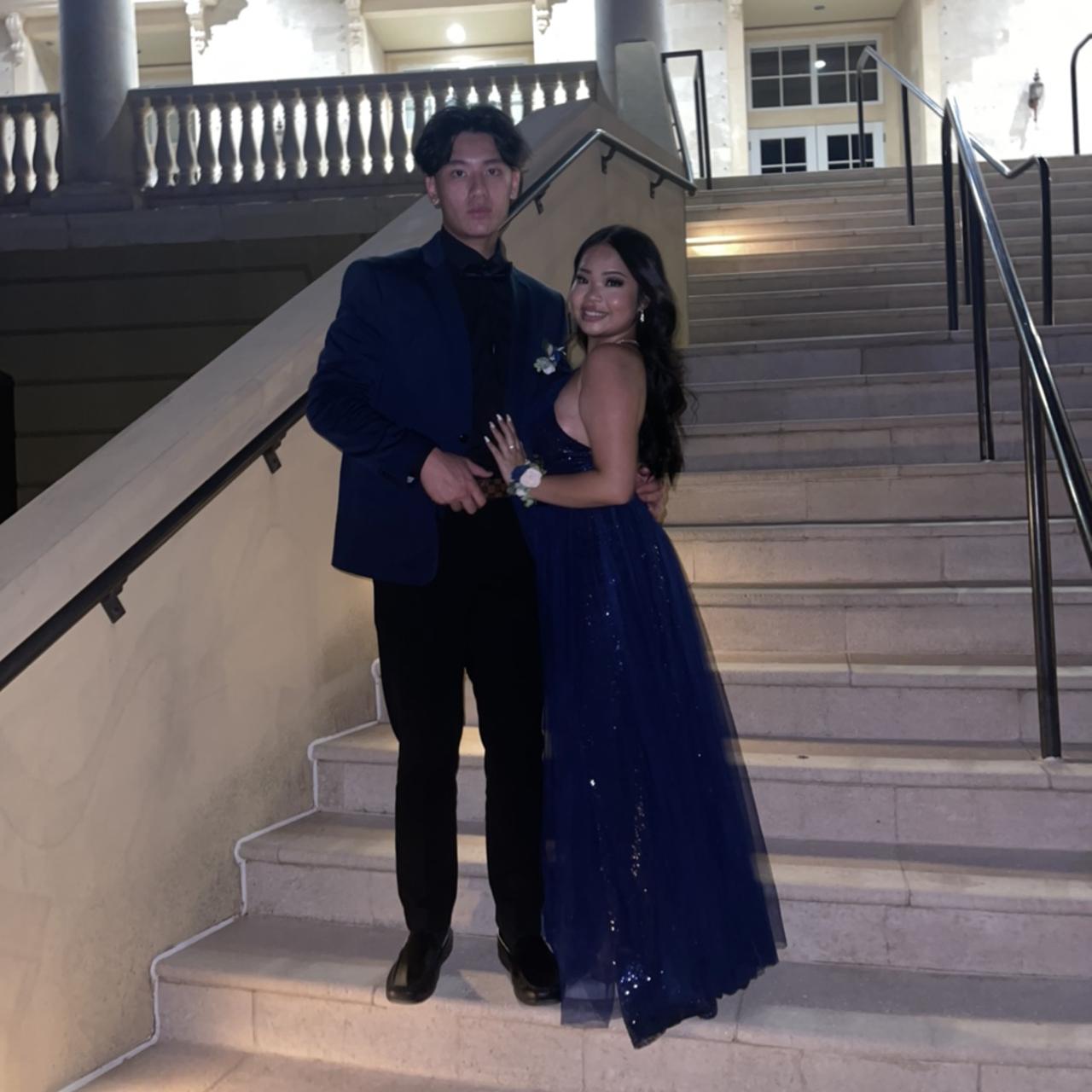 PROMGIRL NAVY BLUE GLITTER V NECK A LINE PROM... - Depop