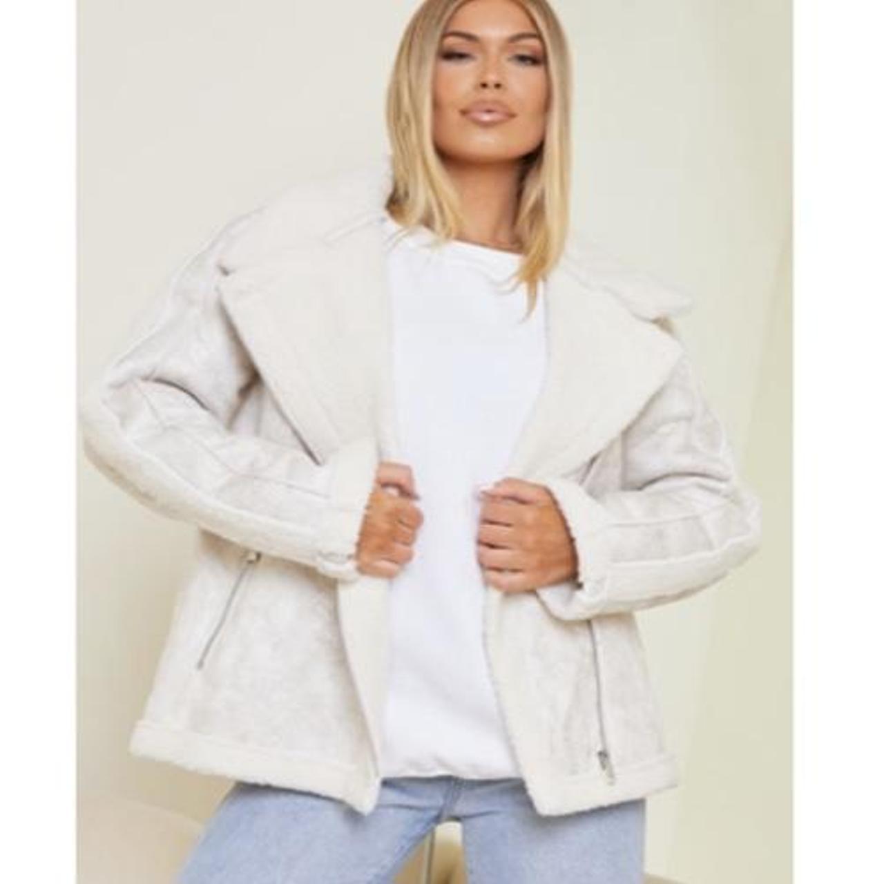 Cream faux suede aviator jacket Brand new with... - Depop