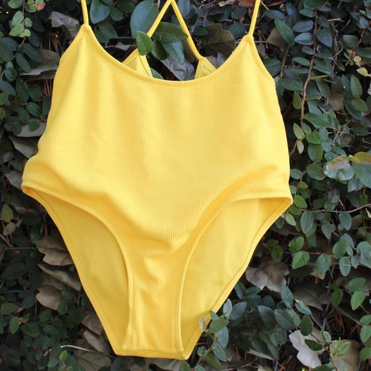 Yellow suspenders bodysuit/bathing suit Size M... - Depop
