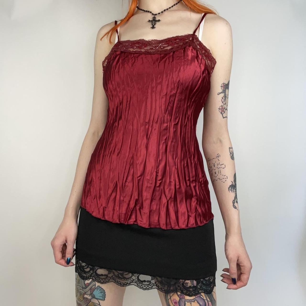 vintage Y2K red cami with lace trim and beading ♡... - Depop