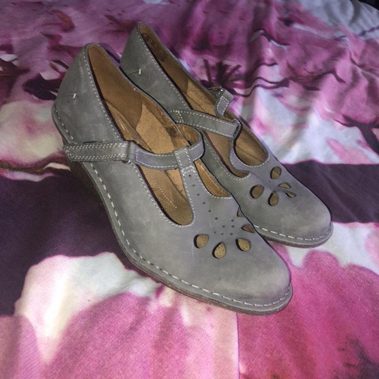 Clarks grey wedge heel shoes with a buckle... - Depop