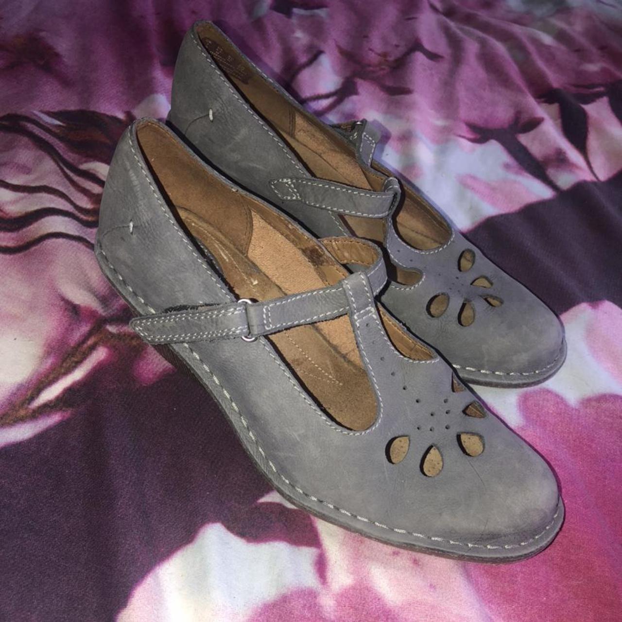 Clarks grey wedge heel shoes with a buckle... - Depop