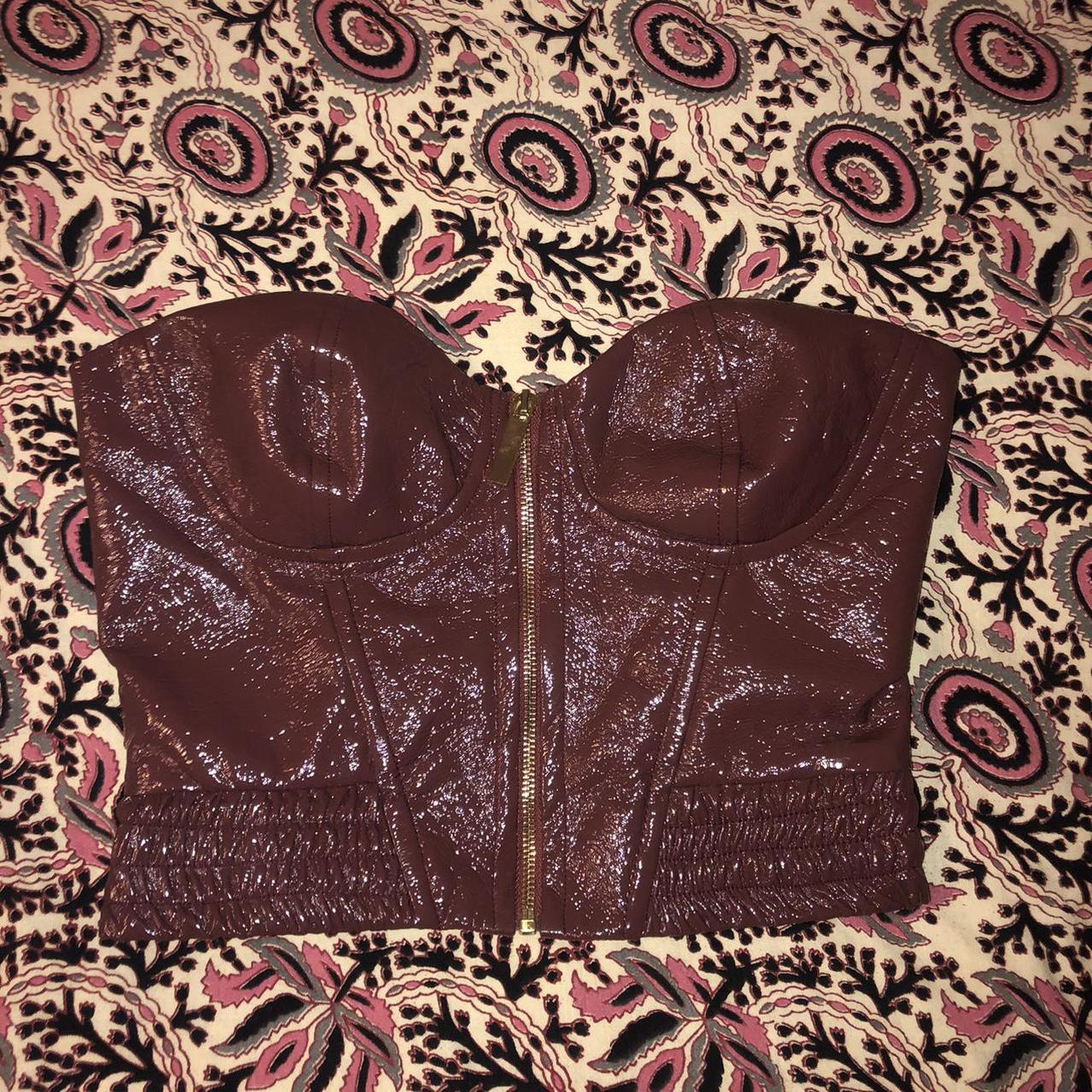 Gorgeous vinyl burgundy wine red bustier crop top... - Depop