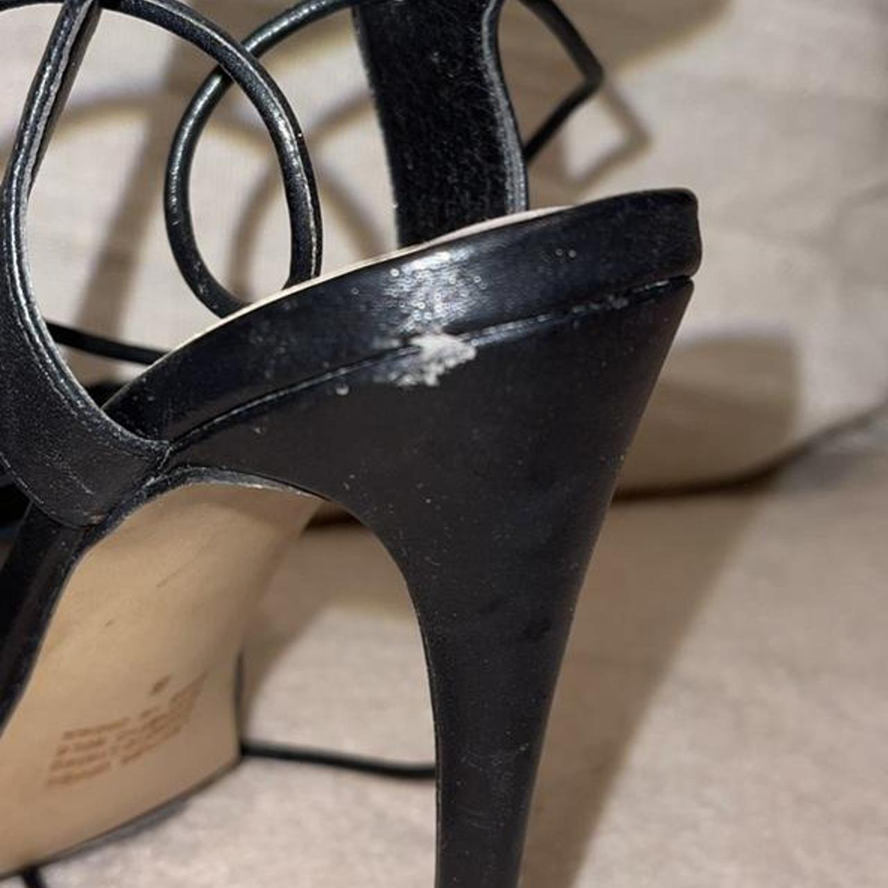 strappy black siren heels with flower details, worn... - Depop