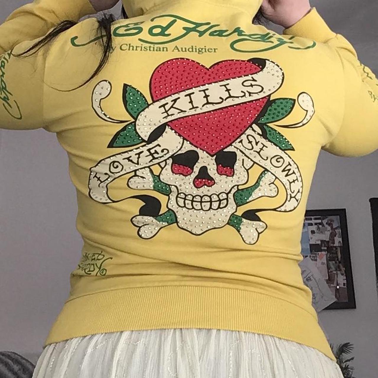 Lovely yellow Ed Hardy jumper. The rhinestones are... - Depop