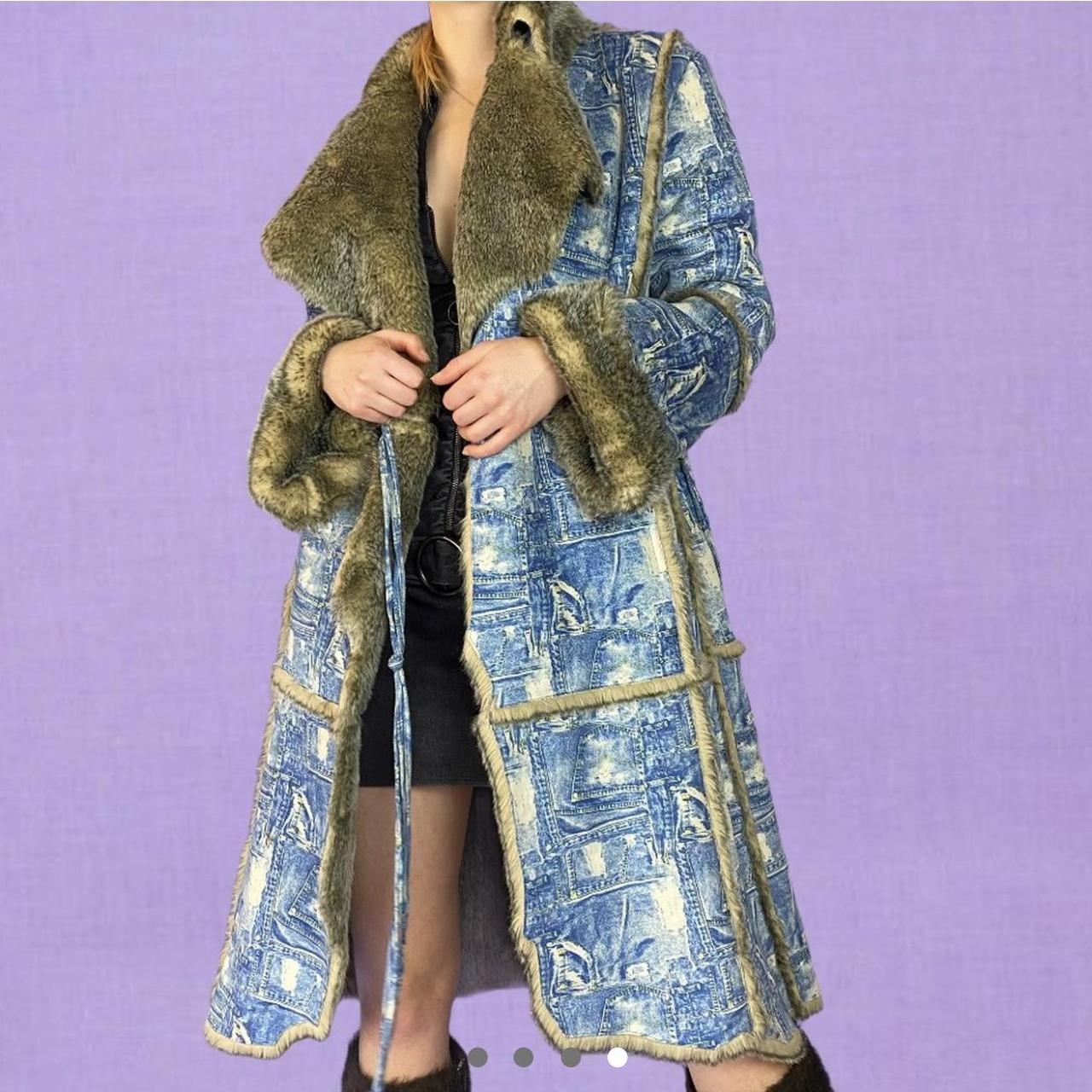 Blue denim print Afghan coat Faux fur trimmings and... - Depop