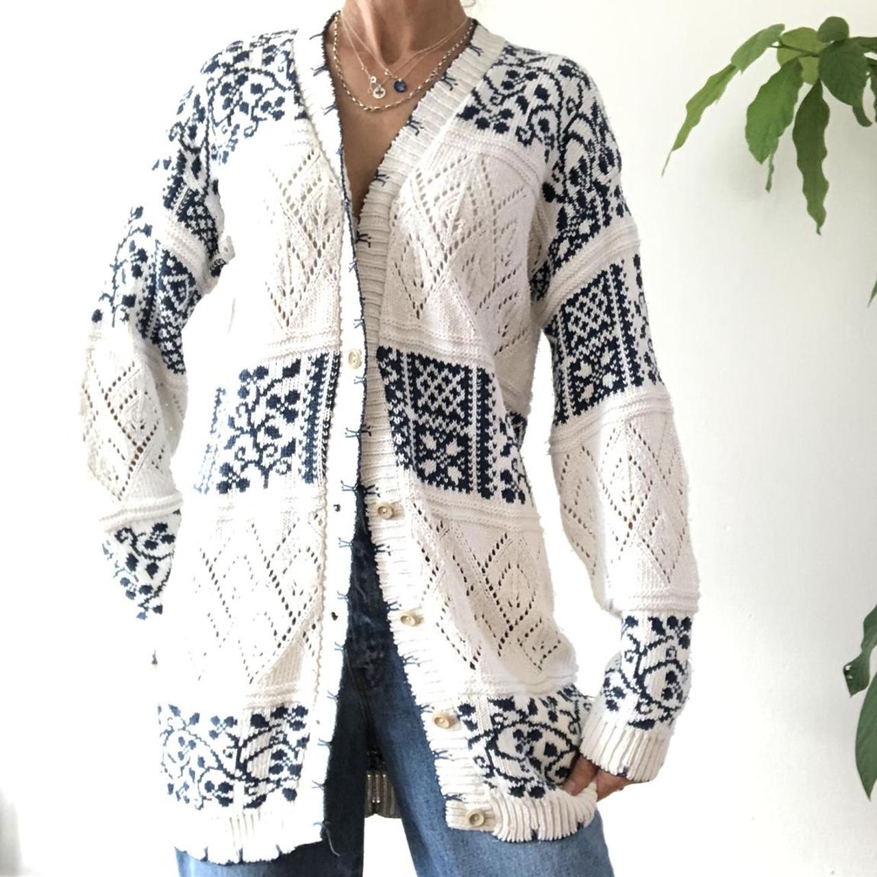 Vintage cardigan with tapestry pattern and lacy... | Depop