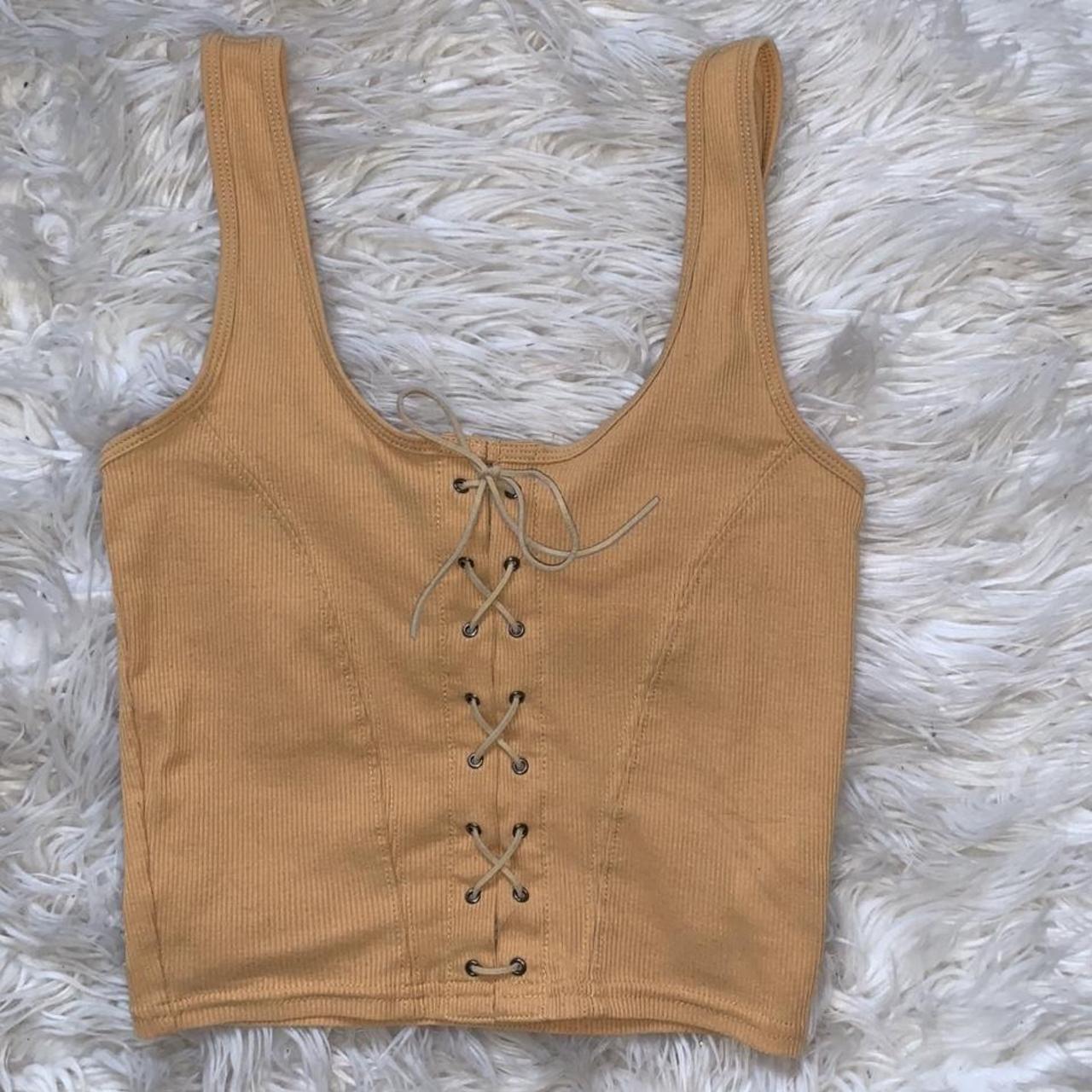 Cute mustard yellow cropped tank top Laces tie... - Depop