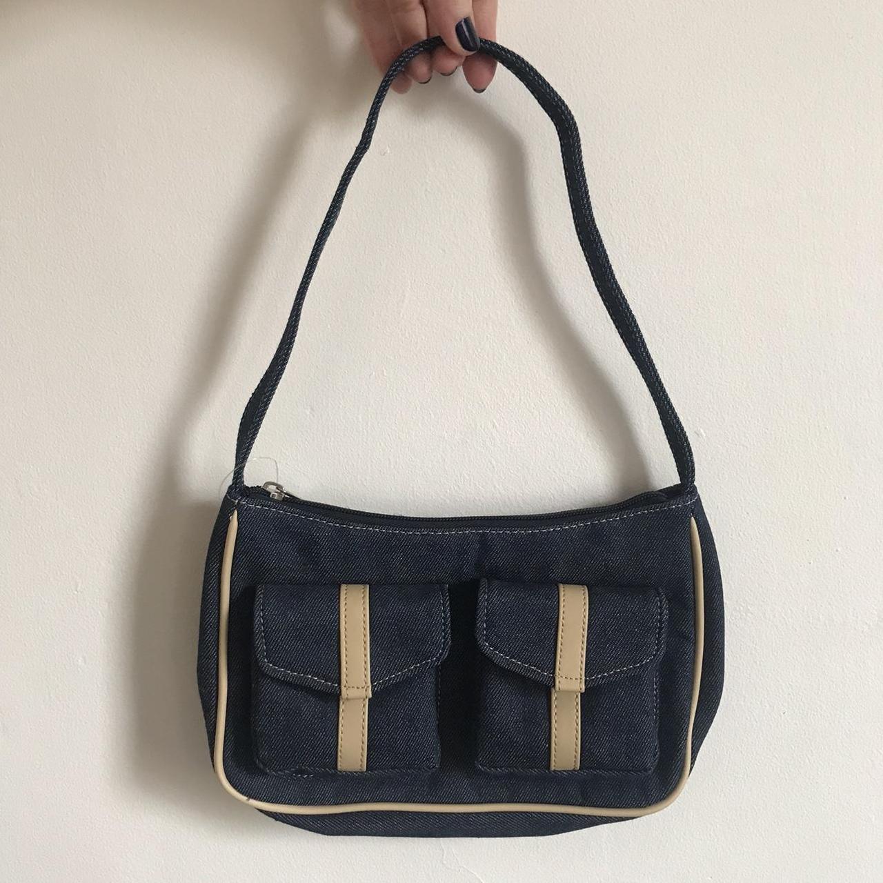 🎠 Dark blue denim mini bag with beige faux leather... - Depop