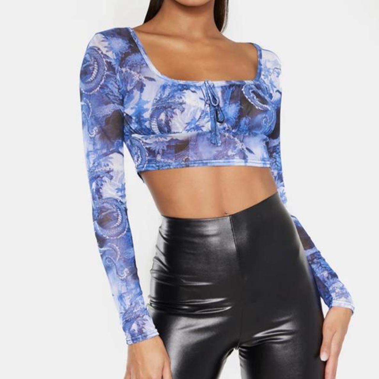 Blue dragon printed sheer mesh elastic tie crop top... | Depop