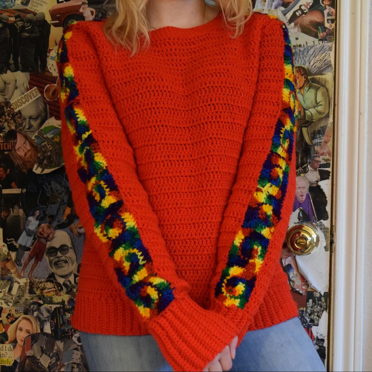 Red/multicolored knit sweater. Hand-knit. Rainbow... - Depop