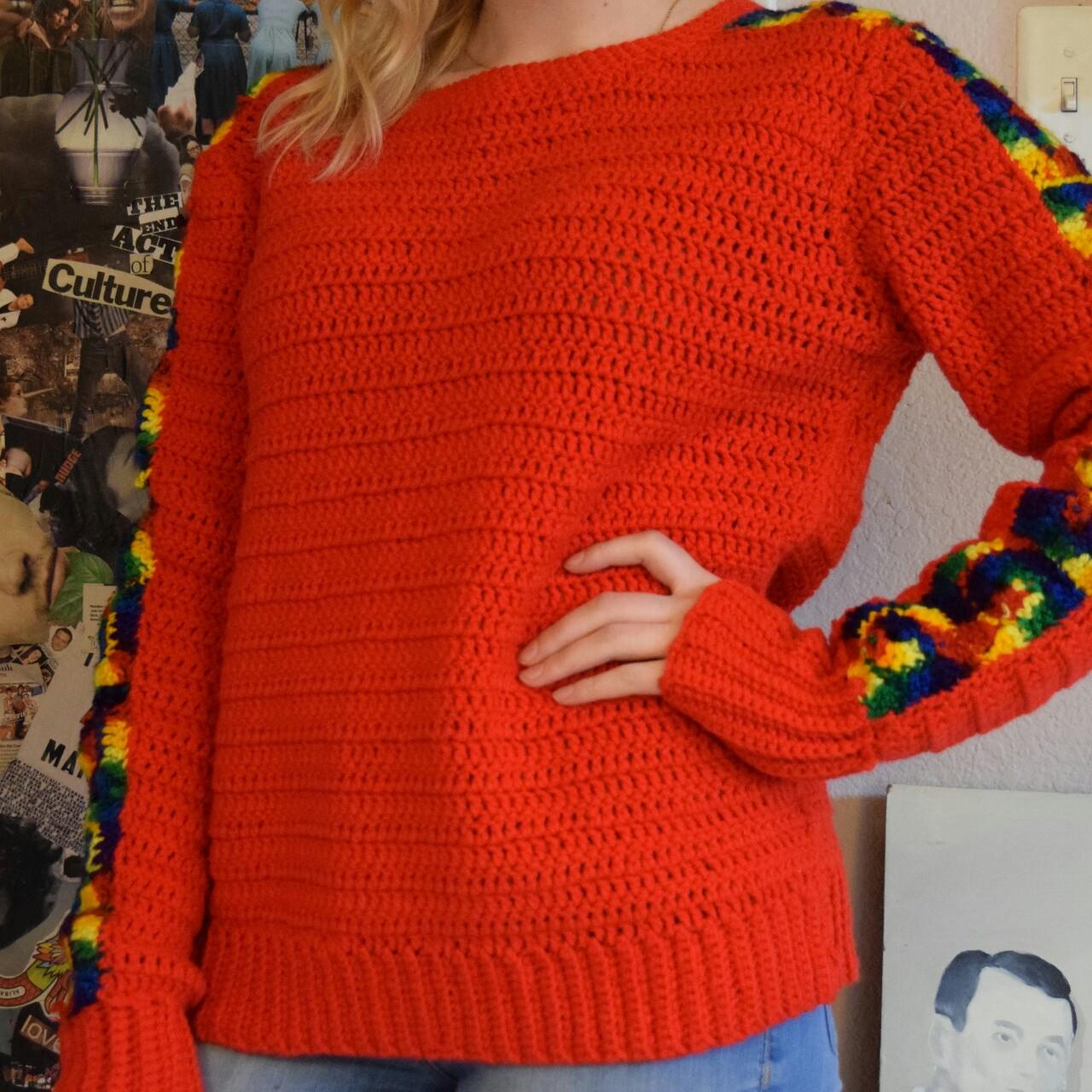 Red/multicolored knit sweater. Hand-knit. Rainbow... - Depop