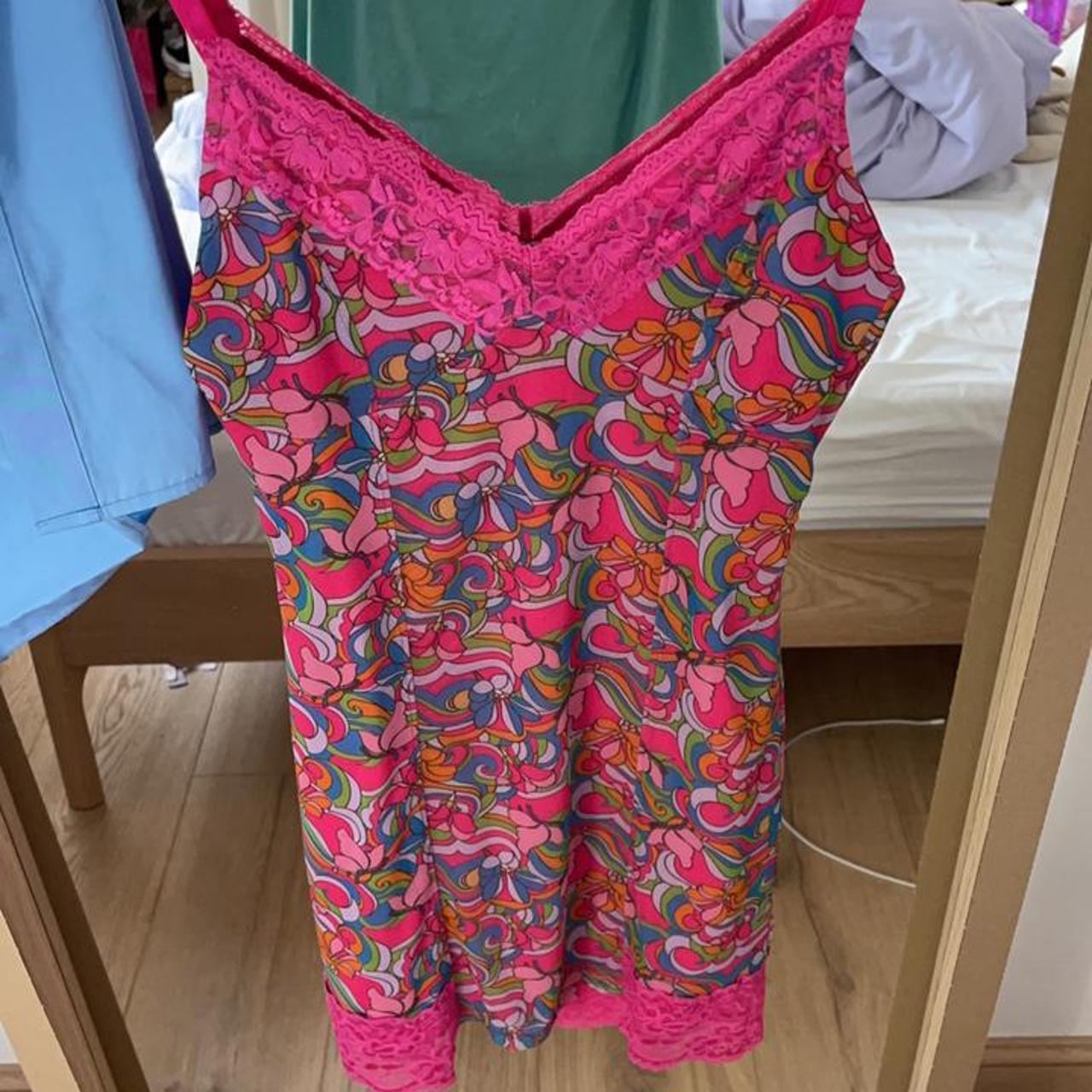 Urban outfitters pink bold 70s slip dress Size... - Depop