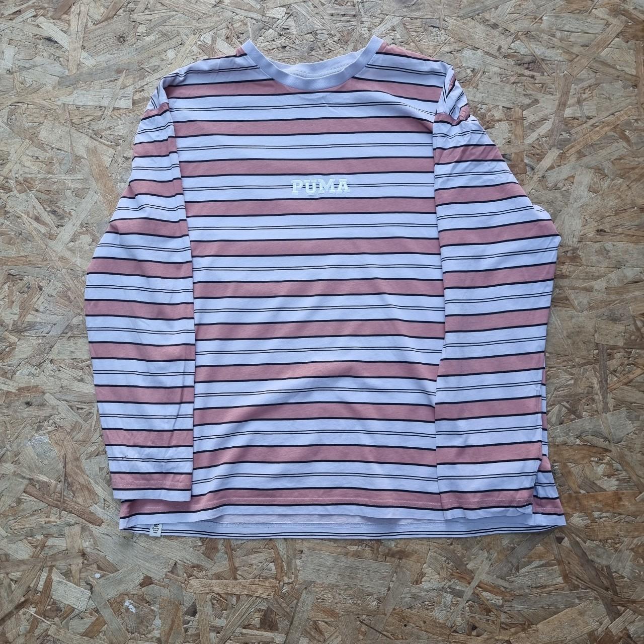 90s style Orange and white striped long sleeve puma... - Depop