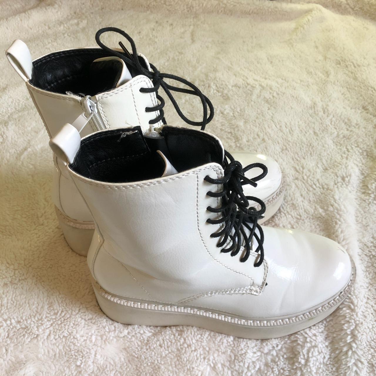 shiny white 2 inch platform boots with black... - Depop