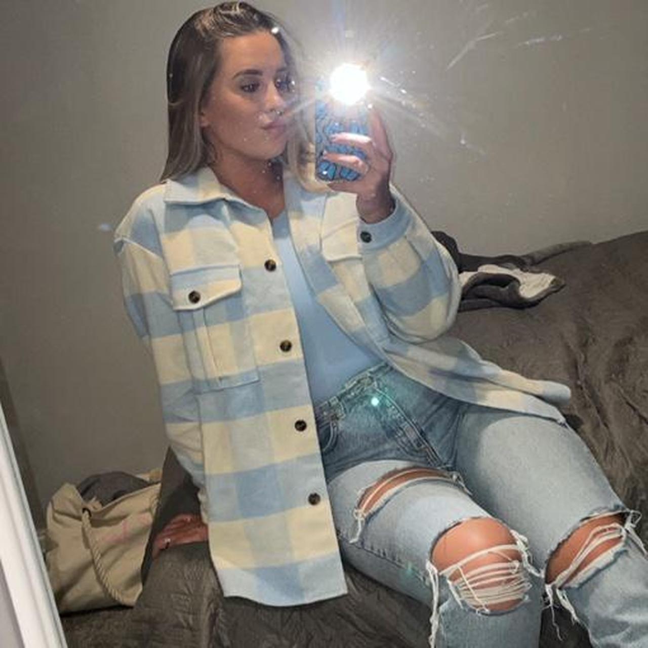 Blue check shacket Only worn this once UK size 10 - Depop