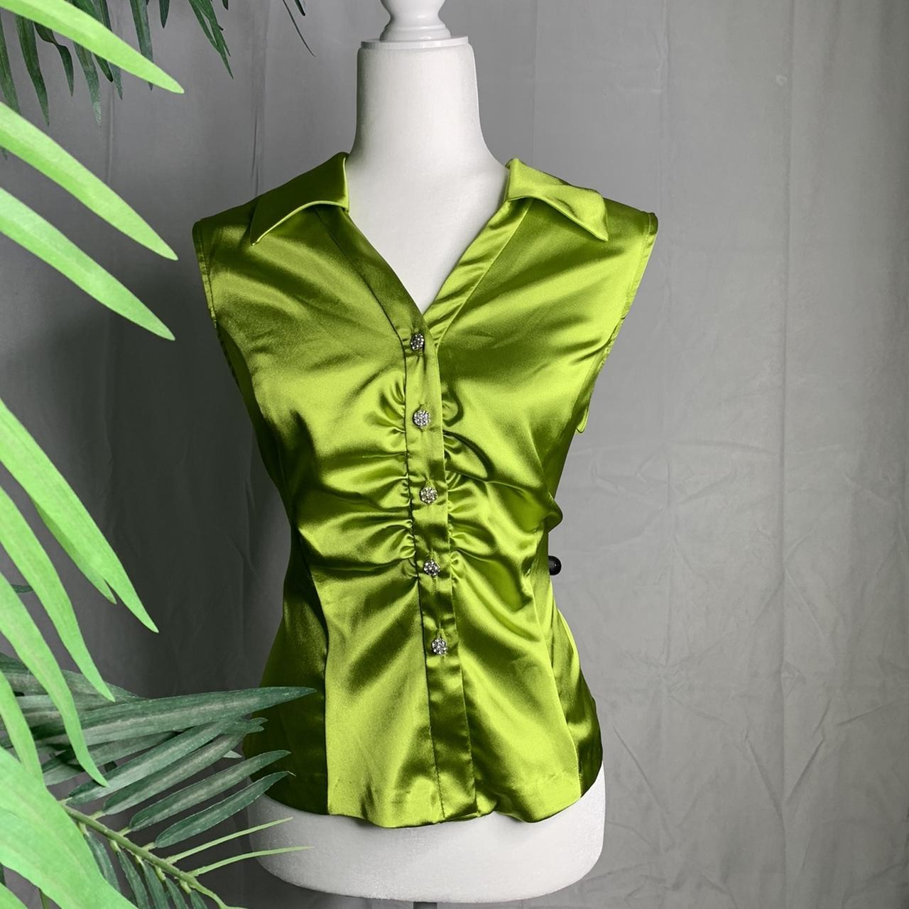 Y2K Silk Chartreuse Button Up Blouse Tag ripped... - Depop