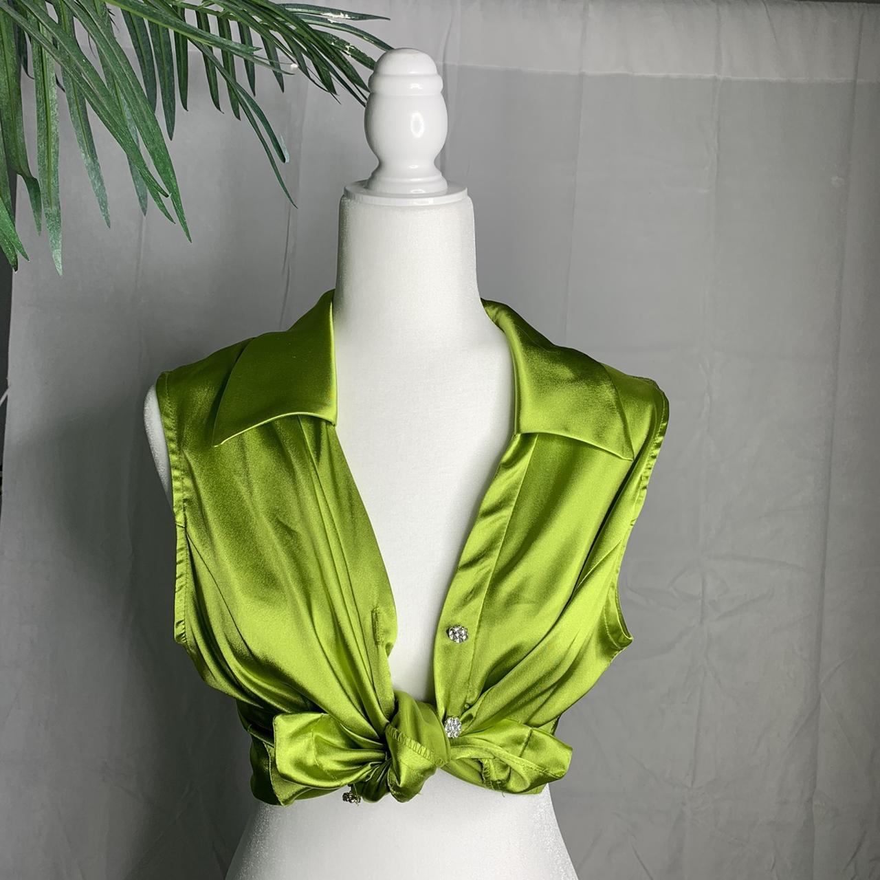 Y2K Silk Chartreuse Button Up Blouse Tag ripped... - Depop