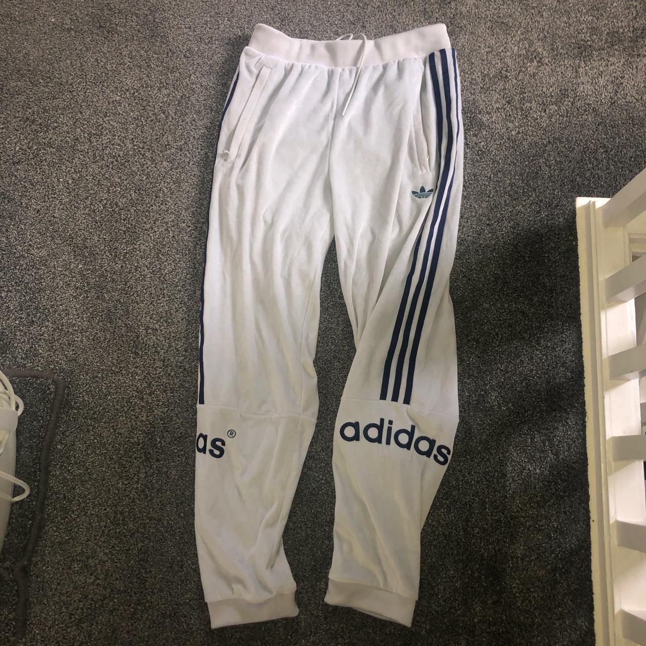 Adidas originals white and navy velour joggers 3... - Depop