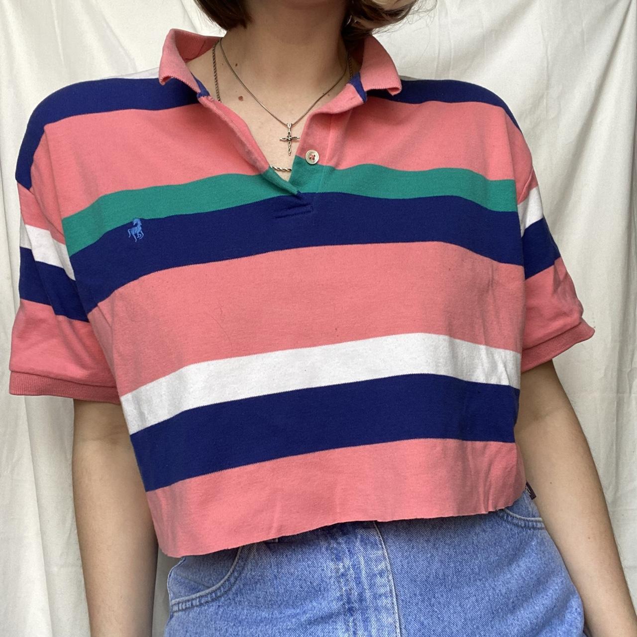 Hunt Club Vintage Pink Blue Striped Cropped Polo... - Depop
