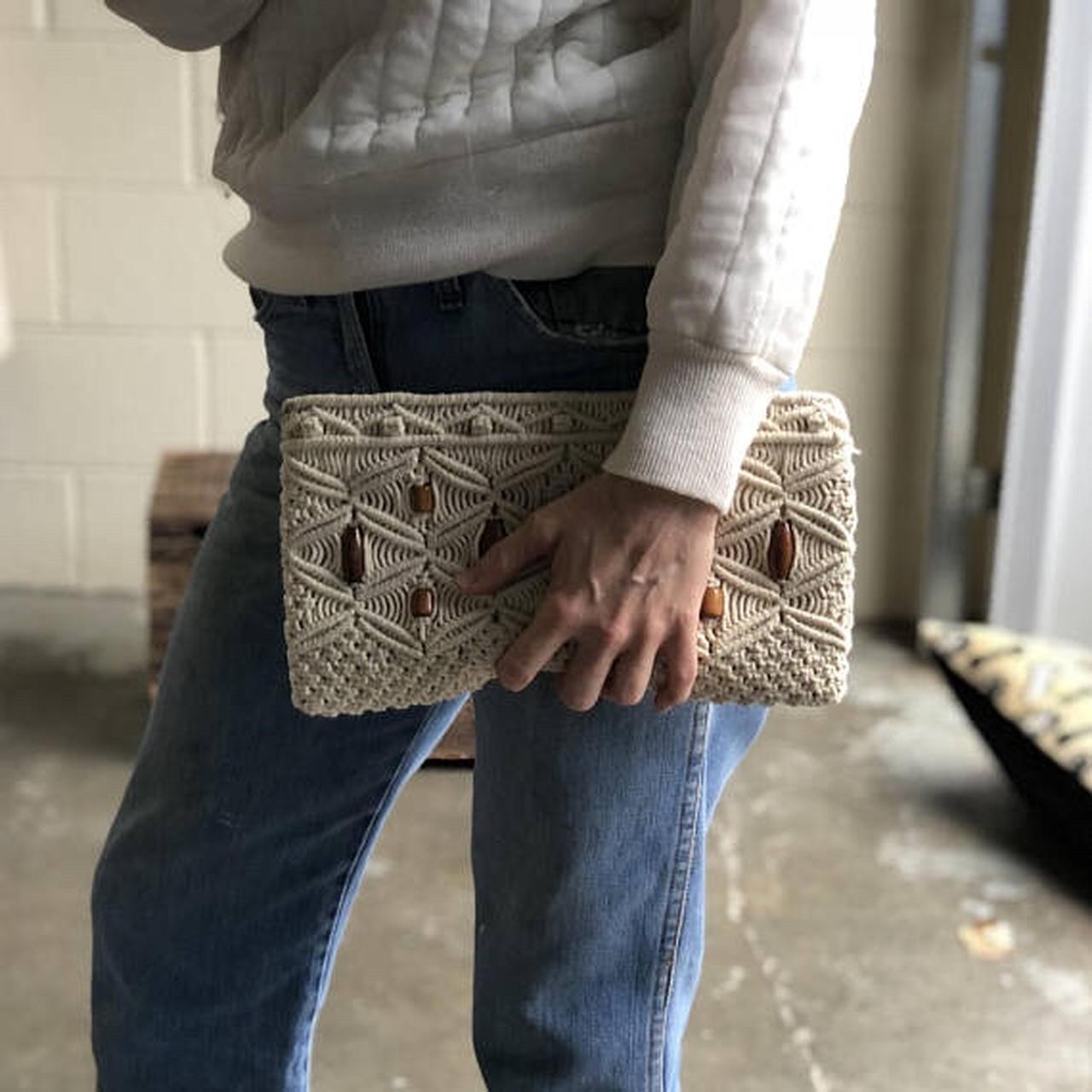 The wood beaded macrame zip top clutch is in good... - Depop