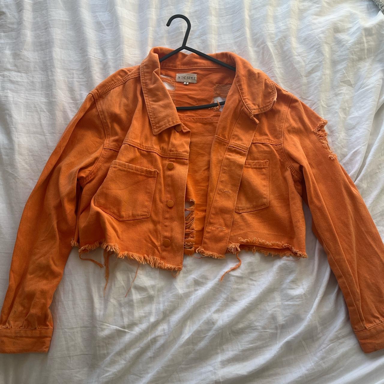 Bright orange cropped distressed denim jacket - Depop