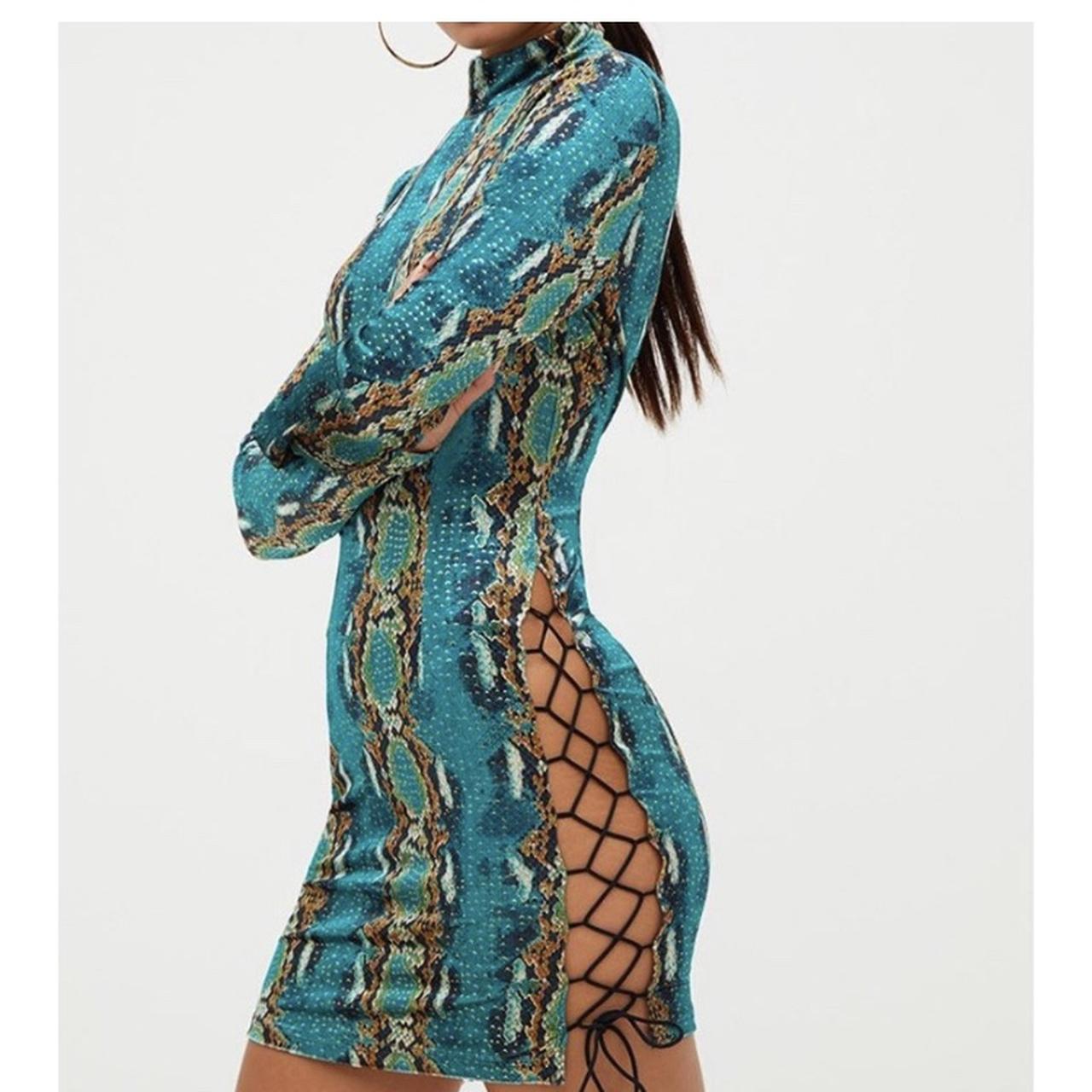 Green Snake print turtle neck lace up at sides dress... - Depop