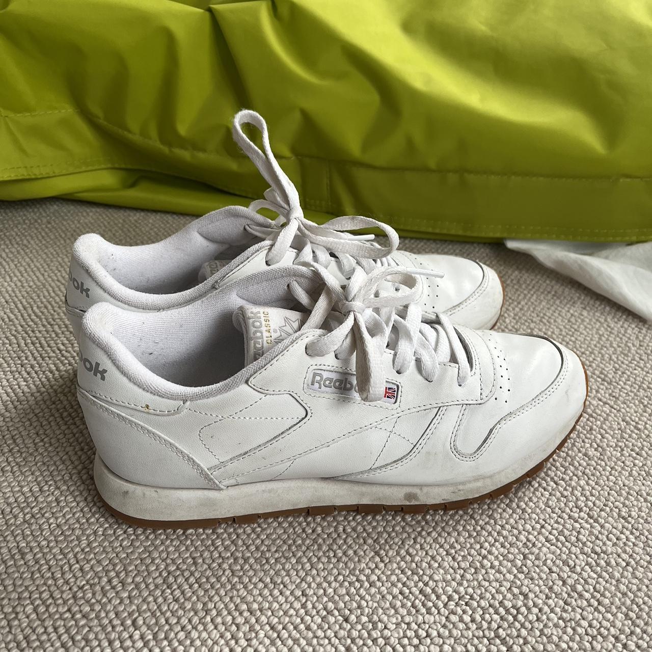 Classic reebok white trainers with gum sole. Only... - Depop