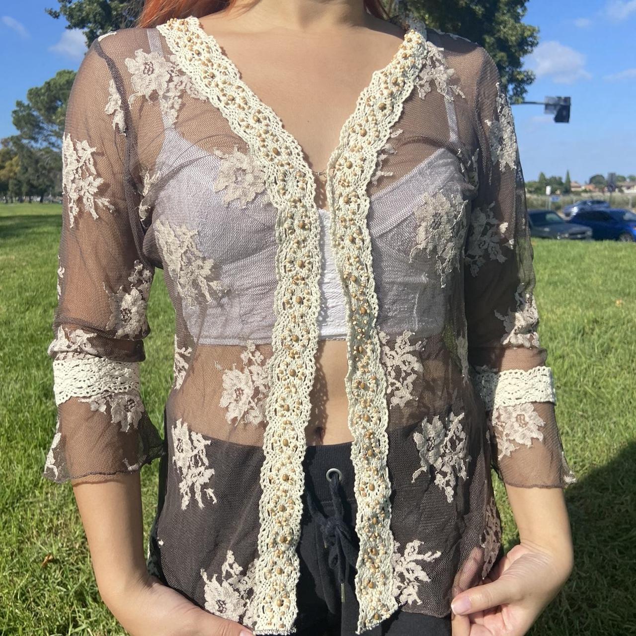 Lace Mesh Floral Grunge Cardigan Brand:... - Depop