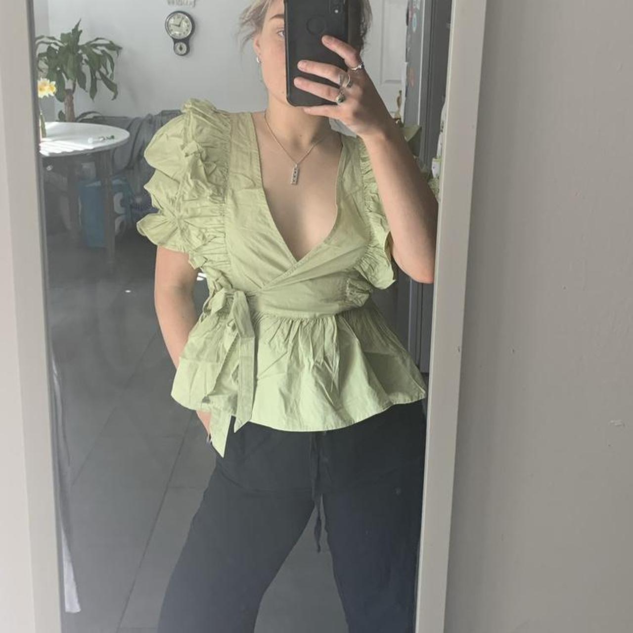 Monki sage green wrap top with puffy sleeves,... - Depop