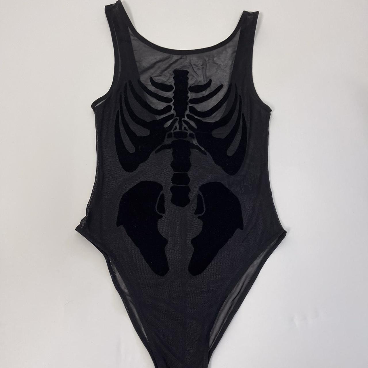 Black mesh bodysuit with faux velvet skeleton... - Depop