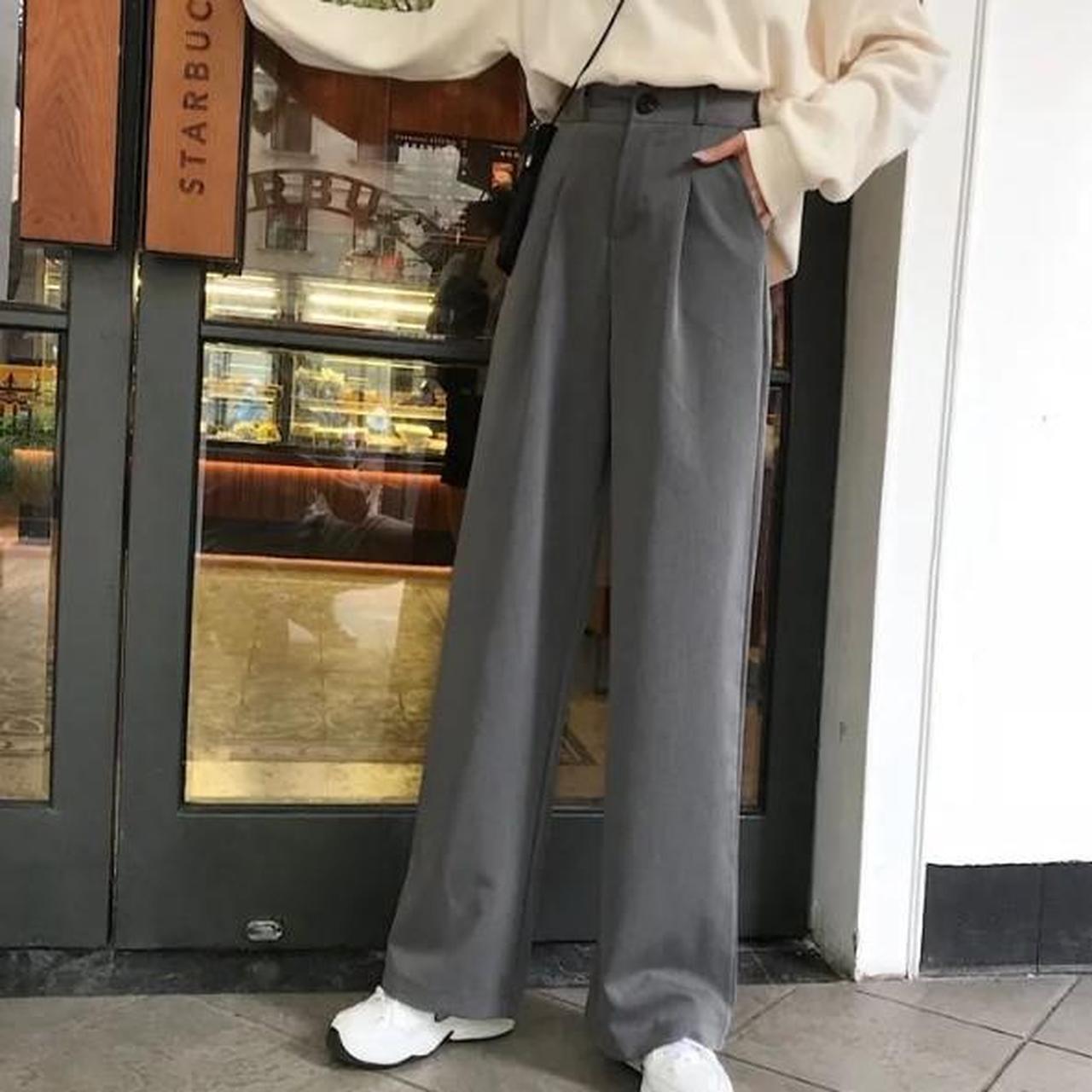 High waist wide leg grey pants Trendy piece of... - Depop