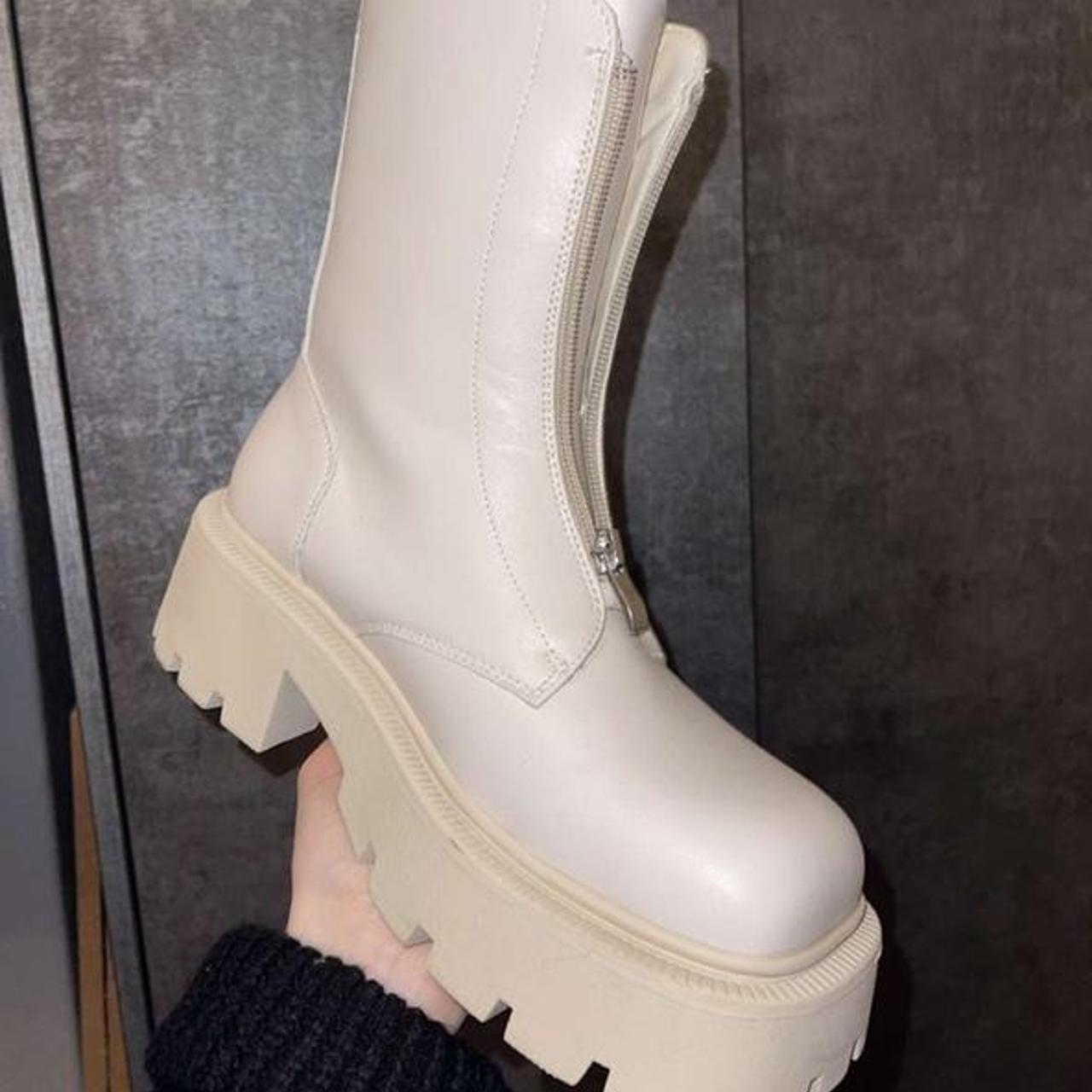 chunky cream zip up boots from pretty little thing -... - Depop