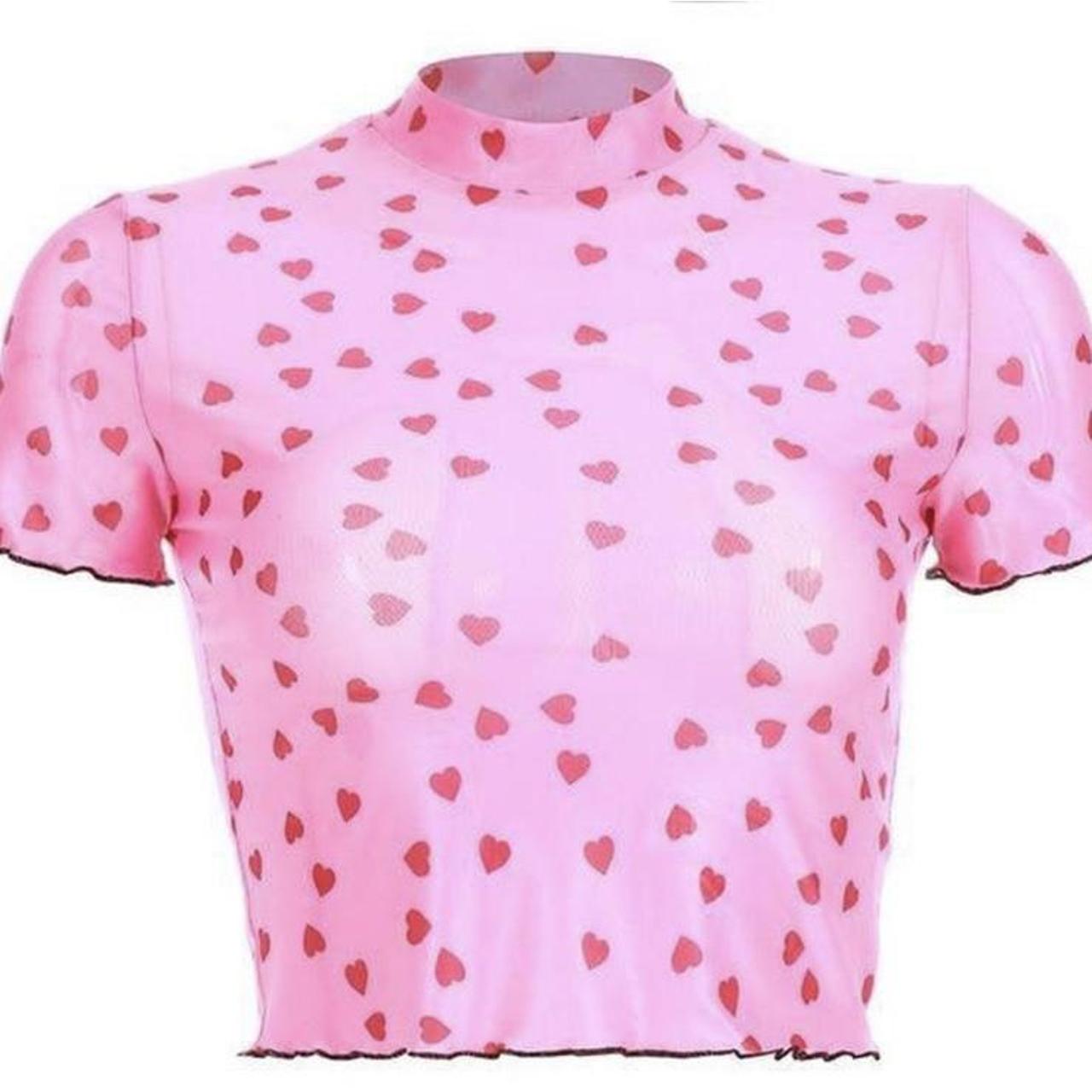 Pink and Red Heart Mesh Crop Top - Depop