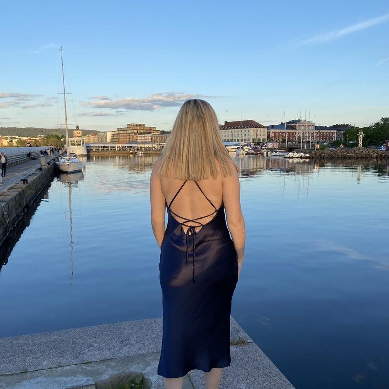 Asos satin blue midi backless dress. So flattering... - Depop