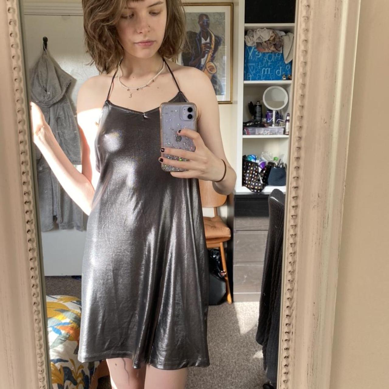 Silver metallic backless slip dress with adjustable... - Depop