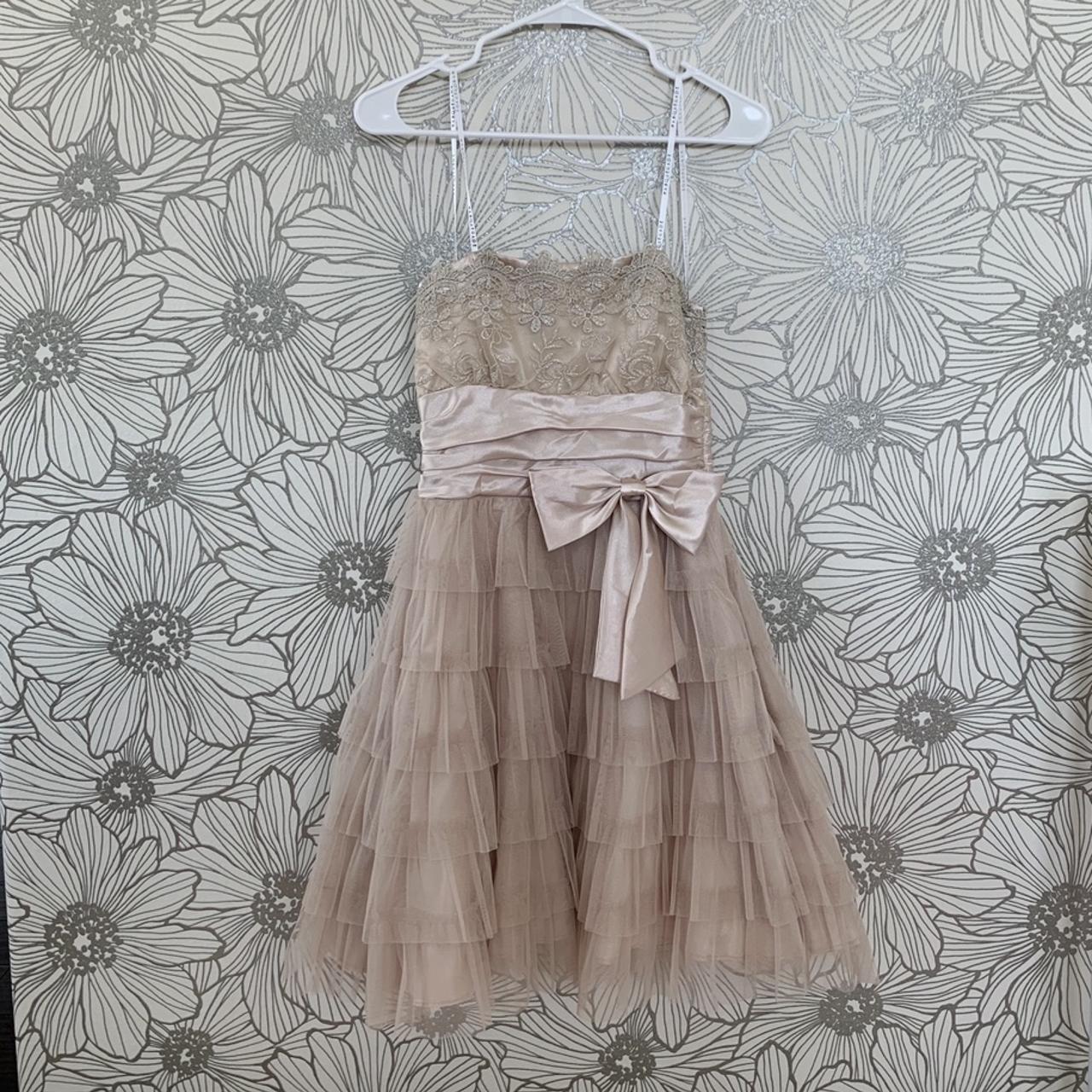Cream/Beige Ruffled Strapless Prom Dress with... - Depop