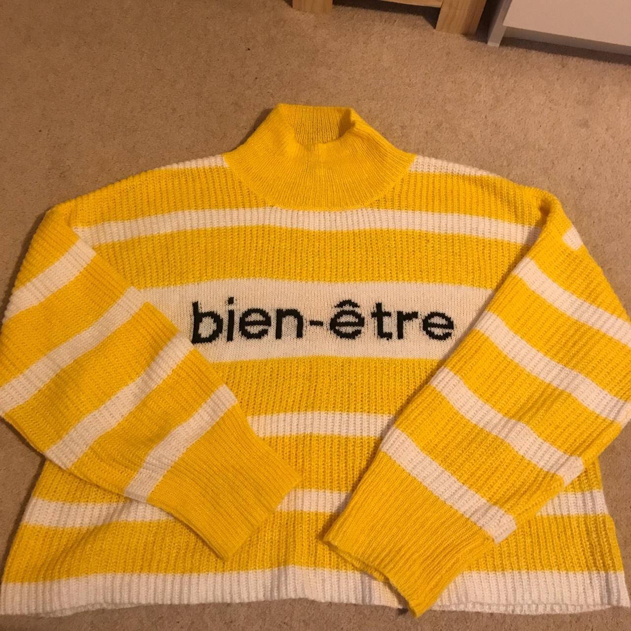White and yellow bright striped knit jumper /... - Depop