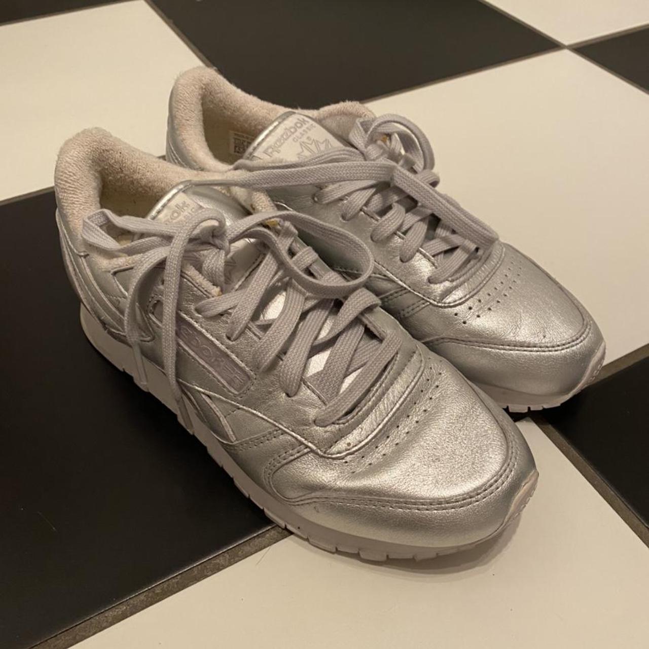 Reebok classics silver trainers size 5. Worn but... - Depop