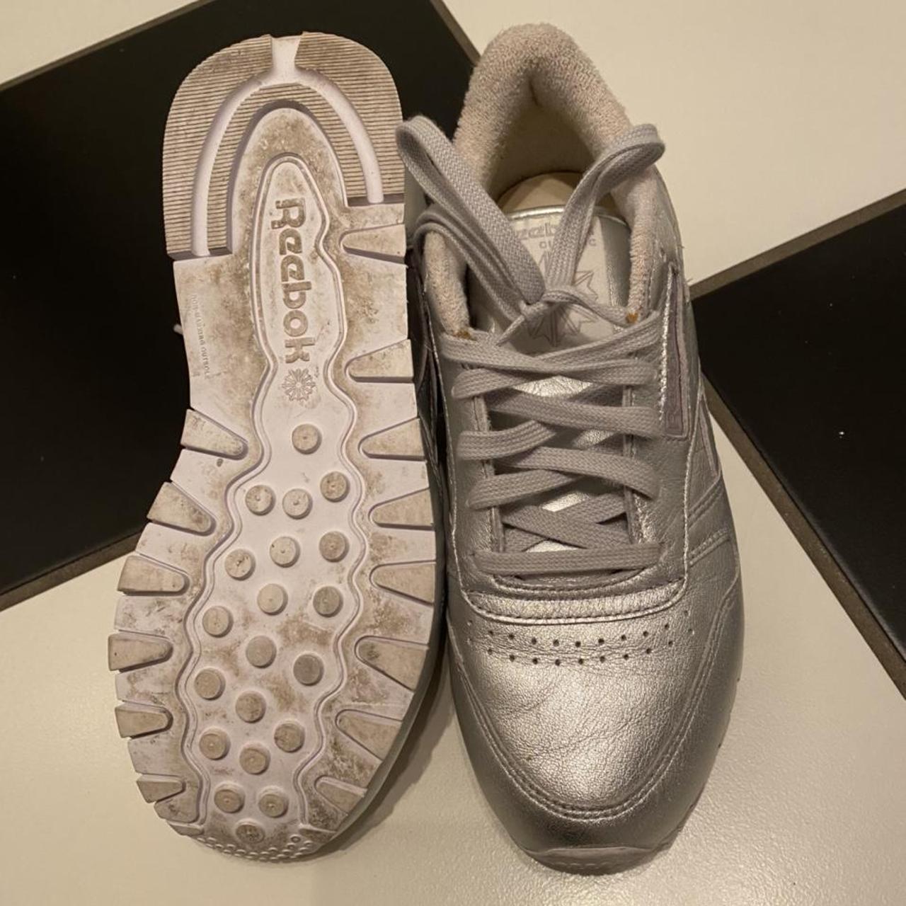 Reebok classics silver trainers size 5. Worn but... - Depop