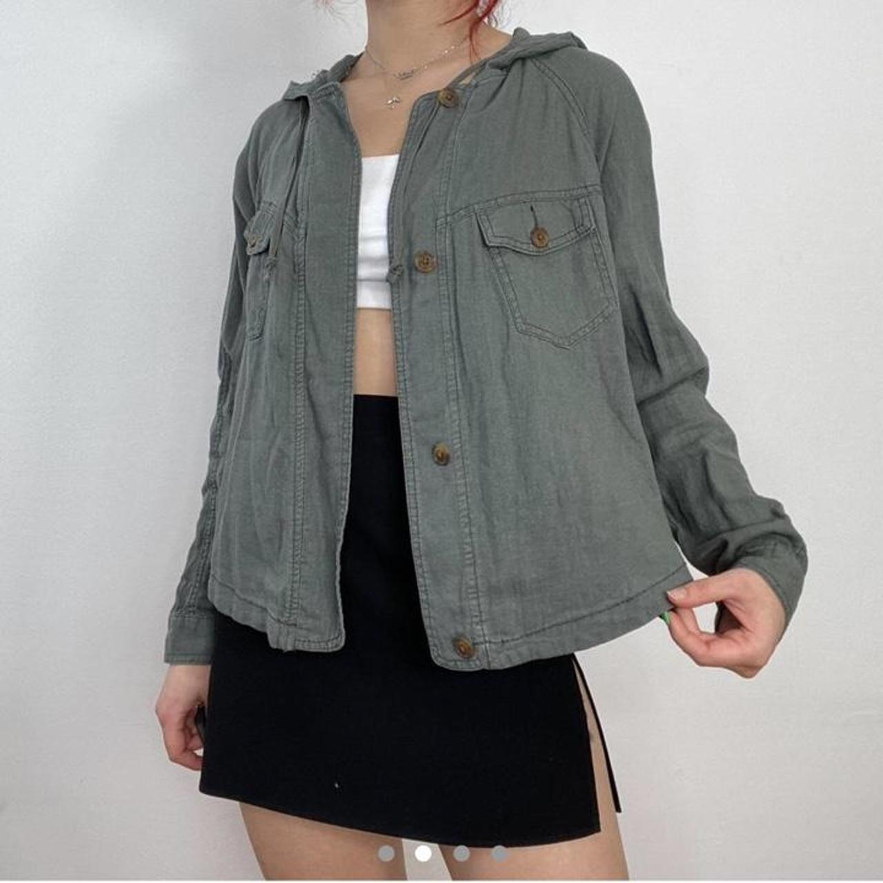 Y2k Khaki Lightweight Button Up Hooded Jacket by... - Depop