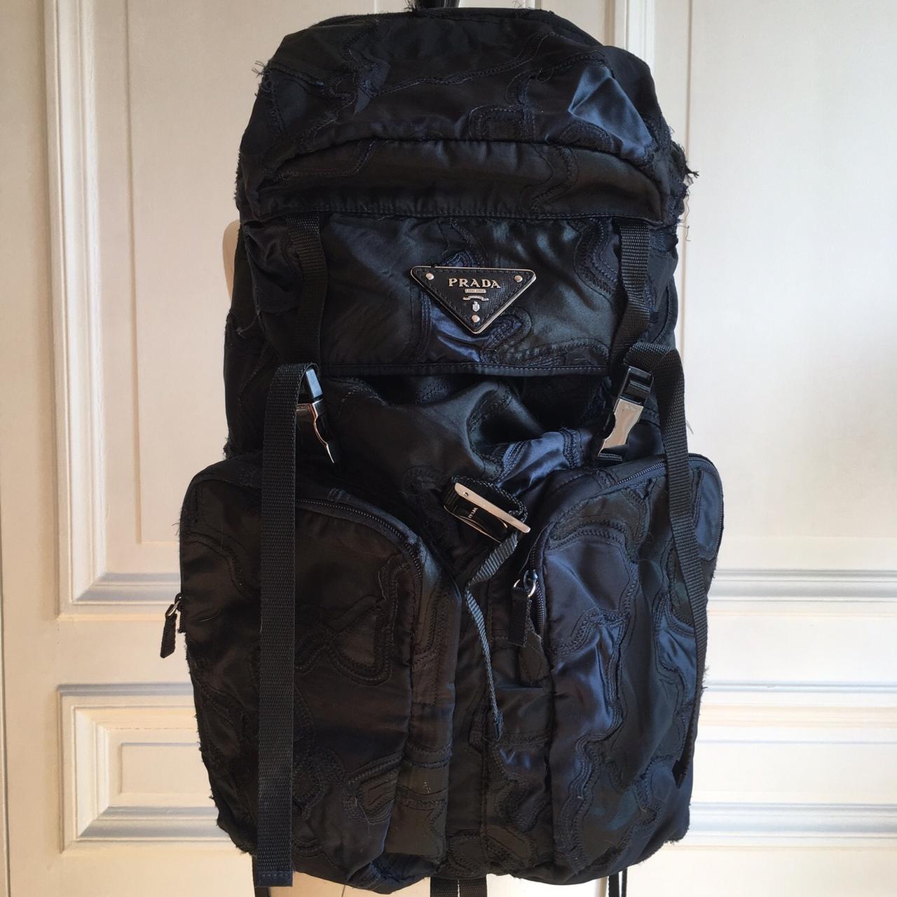 PRADA BACKPACK SILK BLACK AND NAVY BLUE SIGN OF USE - Depop