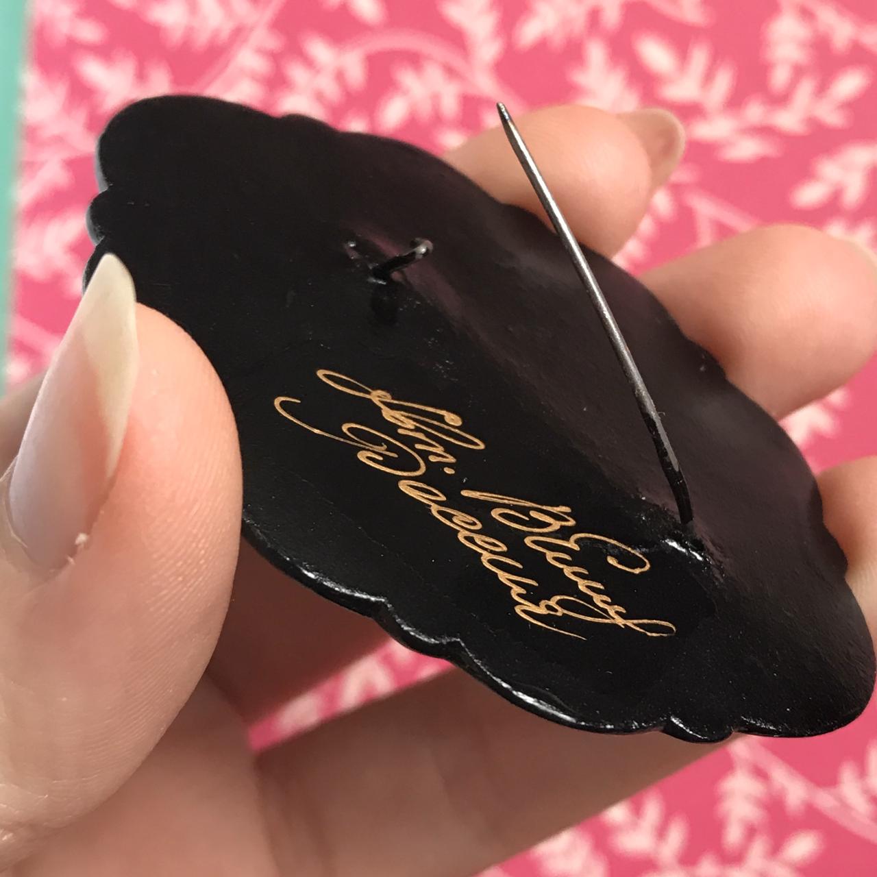 Beautiful wooden painted pin. Depicts a lady in the... - Depop